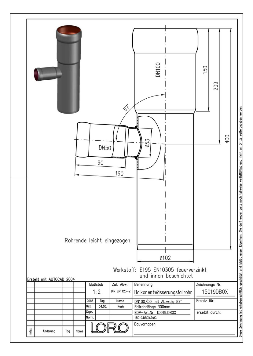 LORO X Entwässerungsfallrohr DN 100/50, 300 mm, mit Abzweig 87Grad | 027046019012