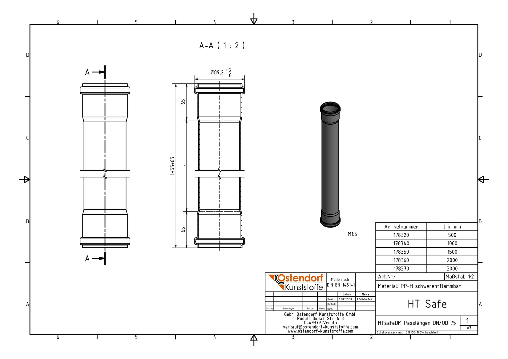 Ostendorf HTsafe Rohr DM DN/OD 75, 1000 mm, mit 2 Muffen | 14438603