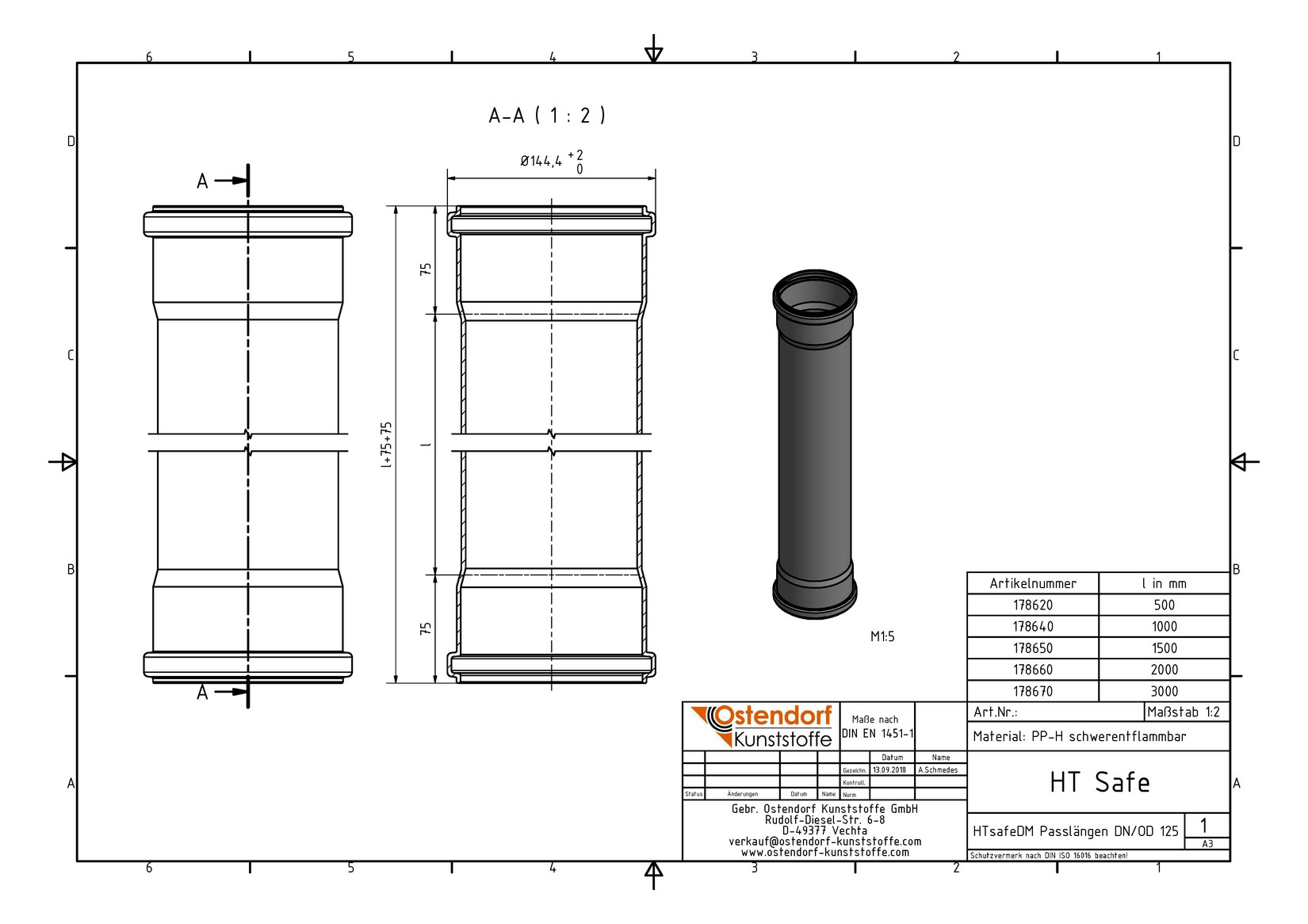 Ostendorf HTsafe Rohr DM DN/OD 125, 1000 mm, mit 2 Muffen | 14438618